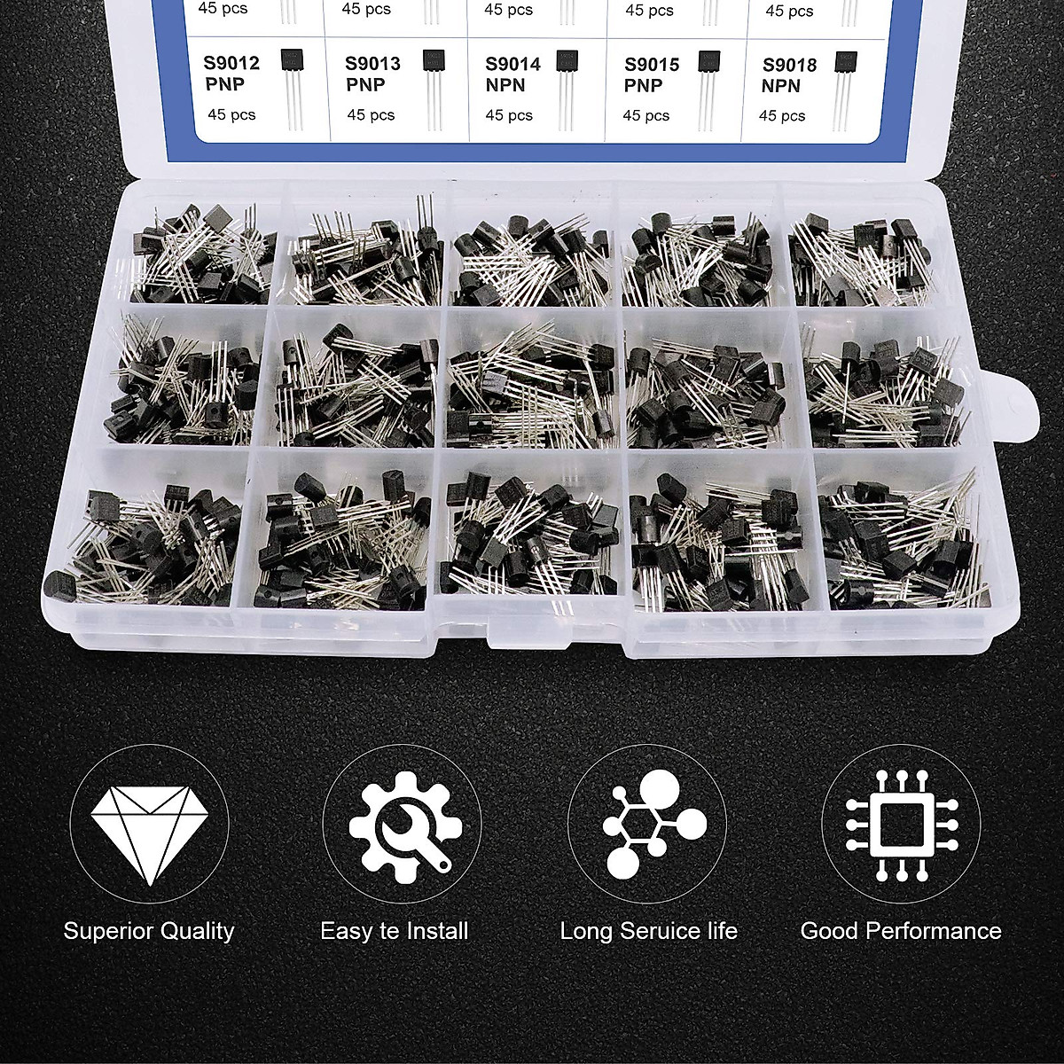 LARSEBEI 600-Piece 15 Values Transistors Assortment Kit Box Including 2N2222-S9018 NPN PNP Power General Purpose Transistors