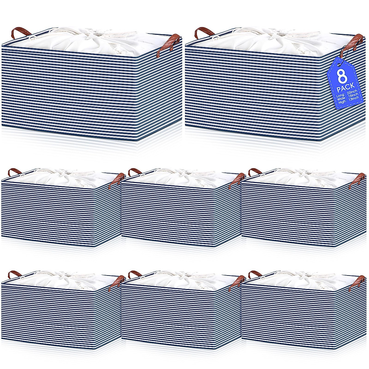 8 Pack 70L Extra Large Storage Bins 22 x 15 x 13 Inch Large Blanket Basket for Shelves Canvas Storage Bin with Handle and Drawstring Cover for Clothing Comforters Toys Bedding, Closet Organizers