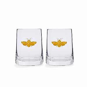 Spode Creatures of Curiosity Collection Double Old-Fashioned Glasses Set of 2, 11-Ounce, Glass Tumbler, Gold Moth Detail, Use for Whiskey, Bourbon, or Cocktails