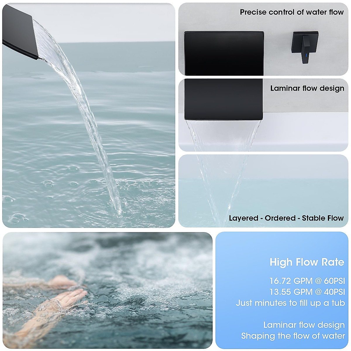 Qinkell Wall Mount Tub Faucet Matte Black Waterfall Tub Fill Roman Bathtub Faucet High Flow Brass Bathroom Bathtub Faucets with Rough-in Valve and 2 Handles