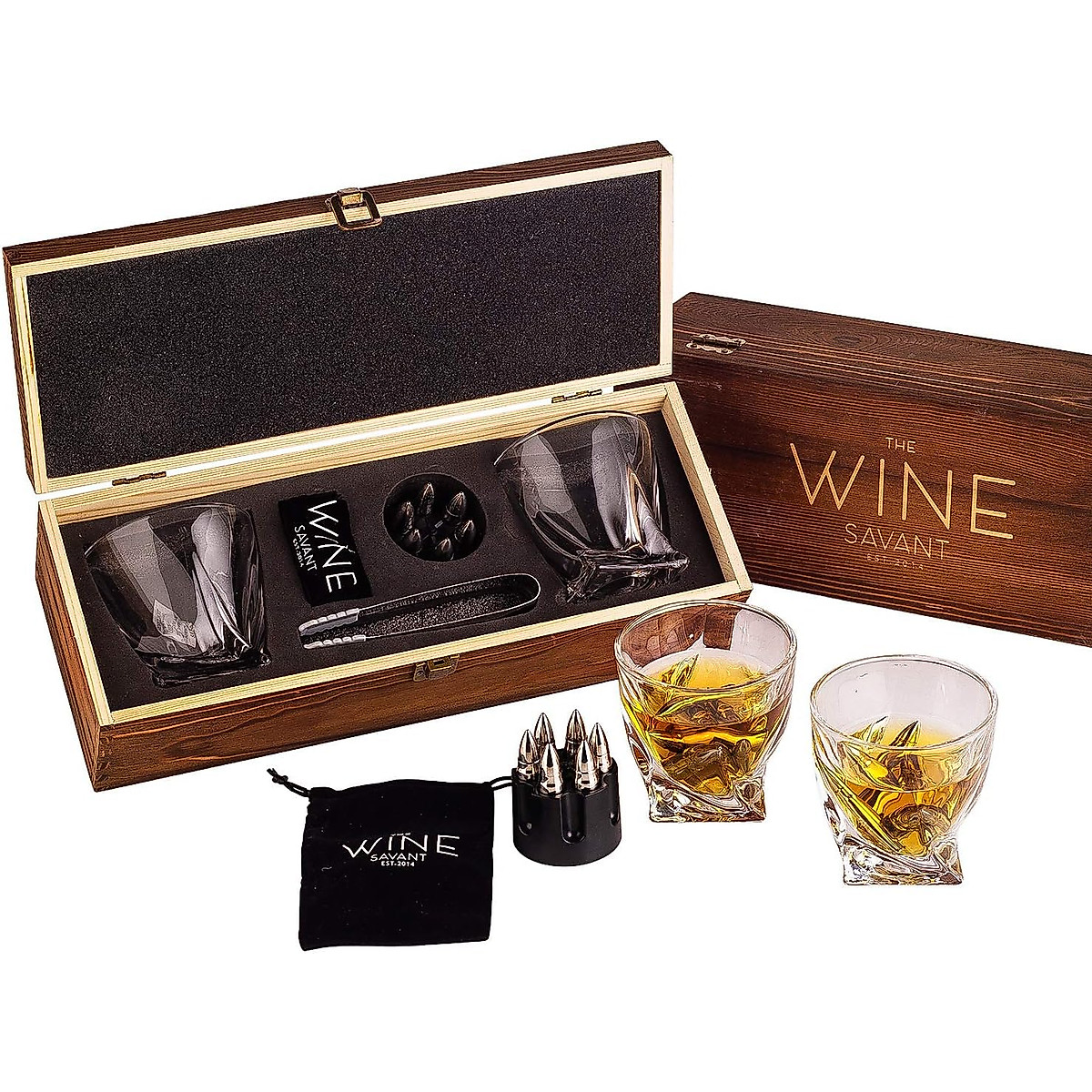 Whiskey Stones Gift Set for Men, by The Wine Savant, 6 Stainless Steel Whiskey Stones, 2 Twisted Glasses, Freezer Pouch & Special Tongs in Pinewood Box.