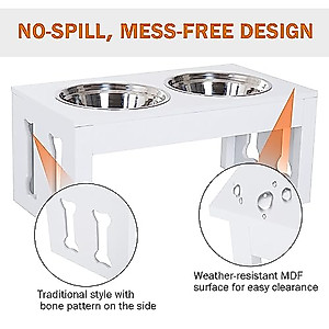PawHut 23" Modern Decorative Dog Bone Wooden Heavy Duty Pet Food Bowl Elevated Feeding Station - White