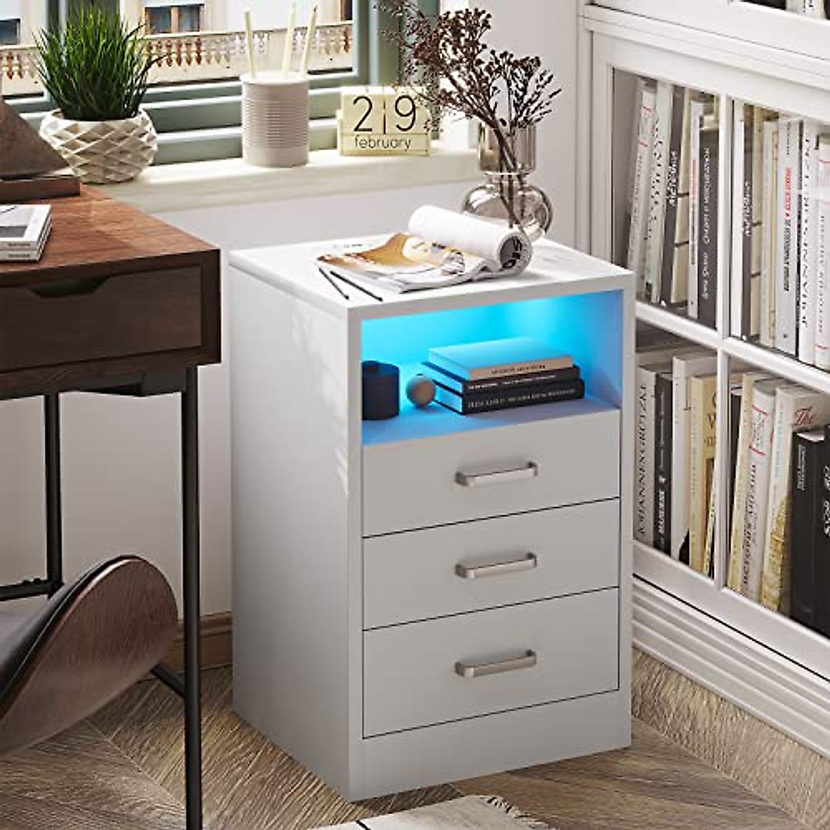 ADORNEVE LED Nightstand with Wireless Charging Stations,Night Stand for Bedroom,Bedside Table with Drawers,Modern End Side Table,White