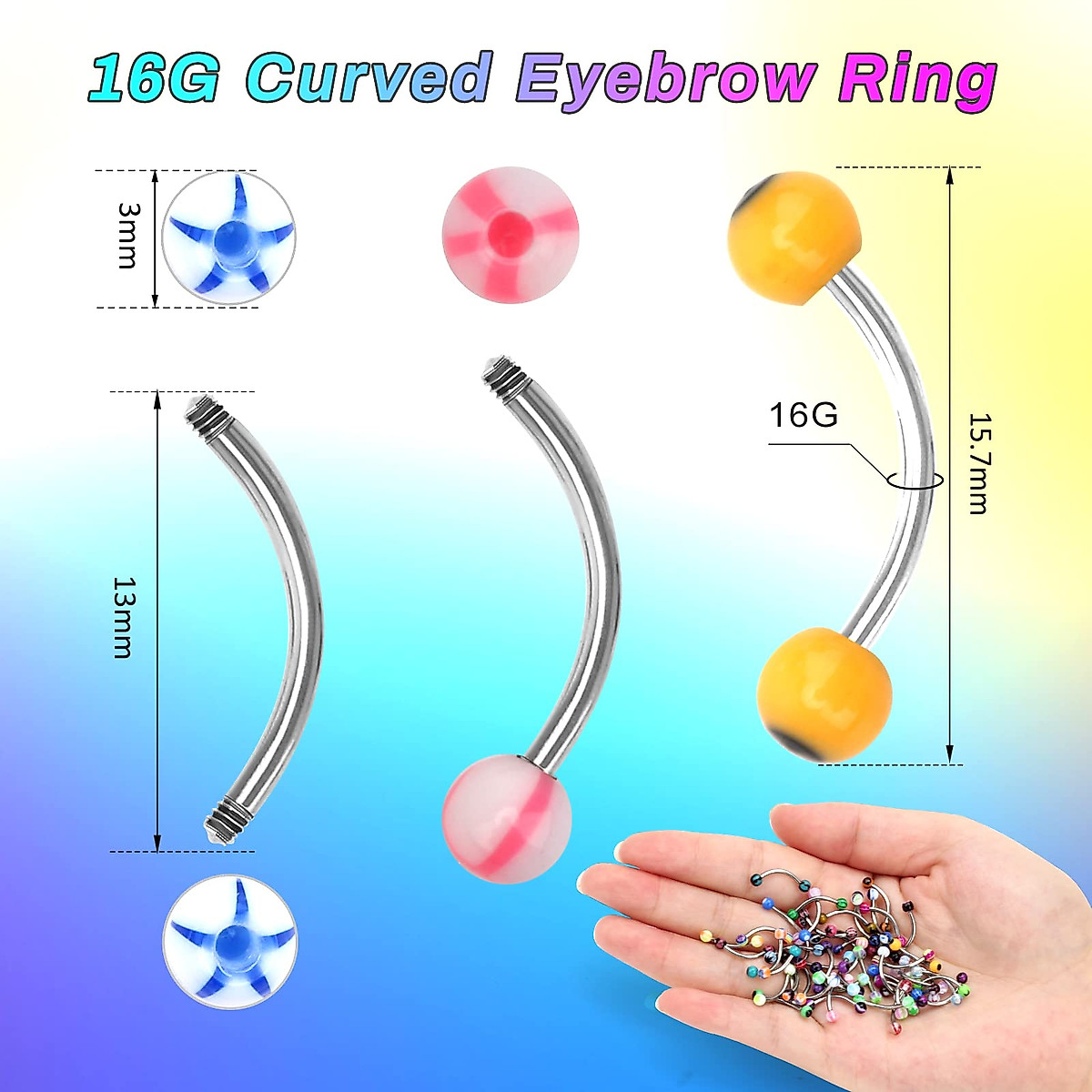 CrazyPiercing Colorful Acrylic Ball Stainless Steel Curved Bar Eyebrow Rings Tragus Piercing, 50Pcs, 16G (Stainless Steel Bar)