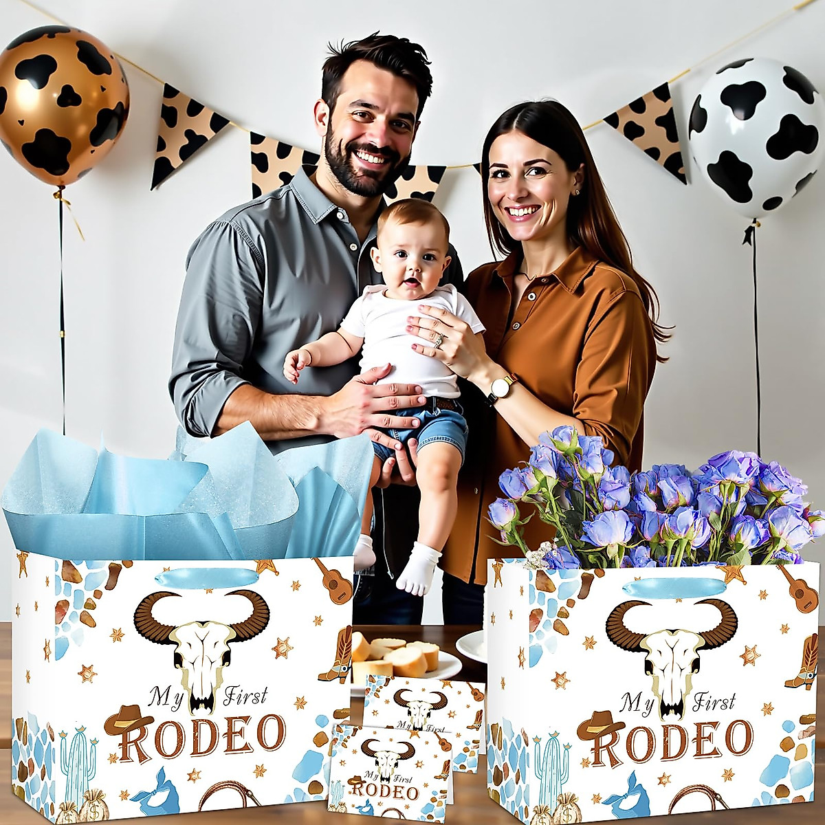 My First Rodeo Birthday Gift Bag Western Cowboy 1st Birthday Gift Bag with Tissue Paper Greeting Card My First Rodeo Birthday Decor Boy Wild West 1st Wrapping Paper Bags for Baby Boy Bday Party Supply