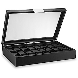 Glenor Co Watch Box for Men - 24 Slot Flat Luxury Display Case Organizer, Carbon Fiber Design for Mens Jewelry Watches, Men's Storage Holder Boasts Large Glass Top,Metal Buckle & Leather Pillows-Black