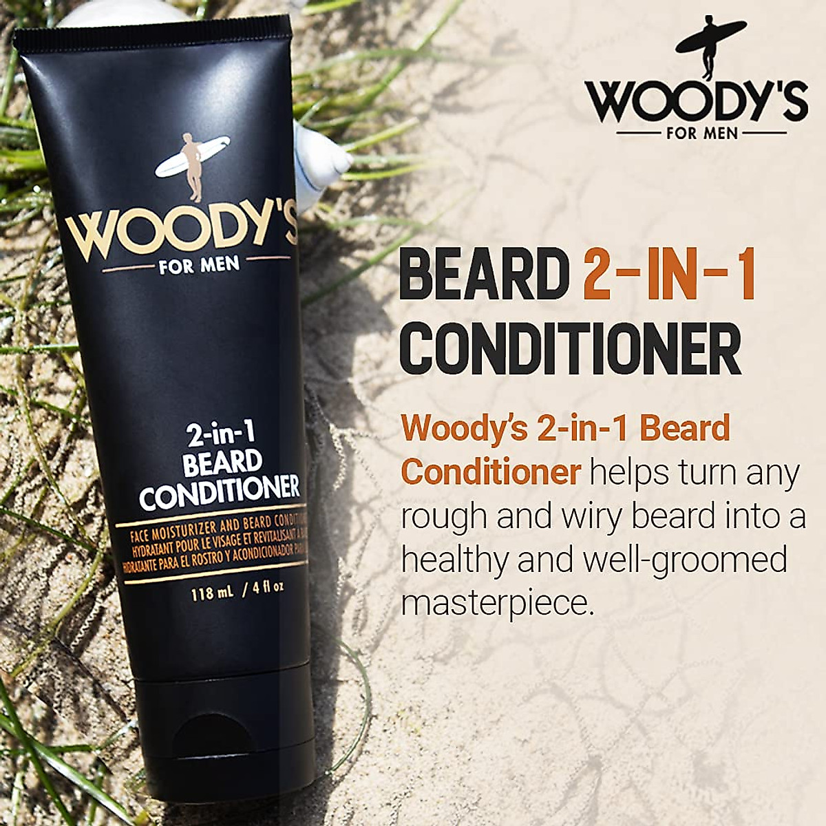 Woody's 2-in-1 Beard Conditioner, Softens and Conditions Dry, Coarse and Flakey Facial Hair, with Vitamin E, Panthenol, and Matrixyl to Soothe Facial Scruff and Skin, 4 fl oz