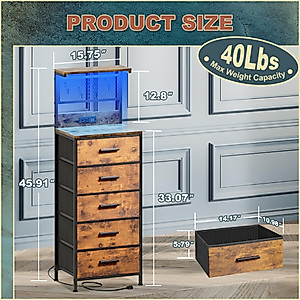 EKNKOZY Nightstand 5 Drawer Dresser with LED Lights, Charging Station, Metal Mesh Shelf with Hooks, Vertical Side Table with Fabric Drawers, End Table, Tall Dresser for Bedroom, Entryway, Rustic Brown