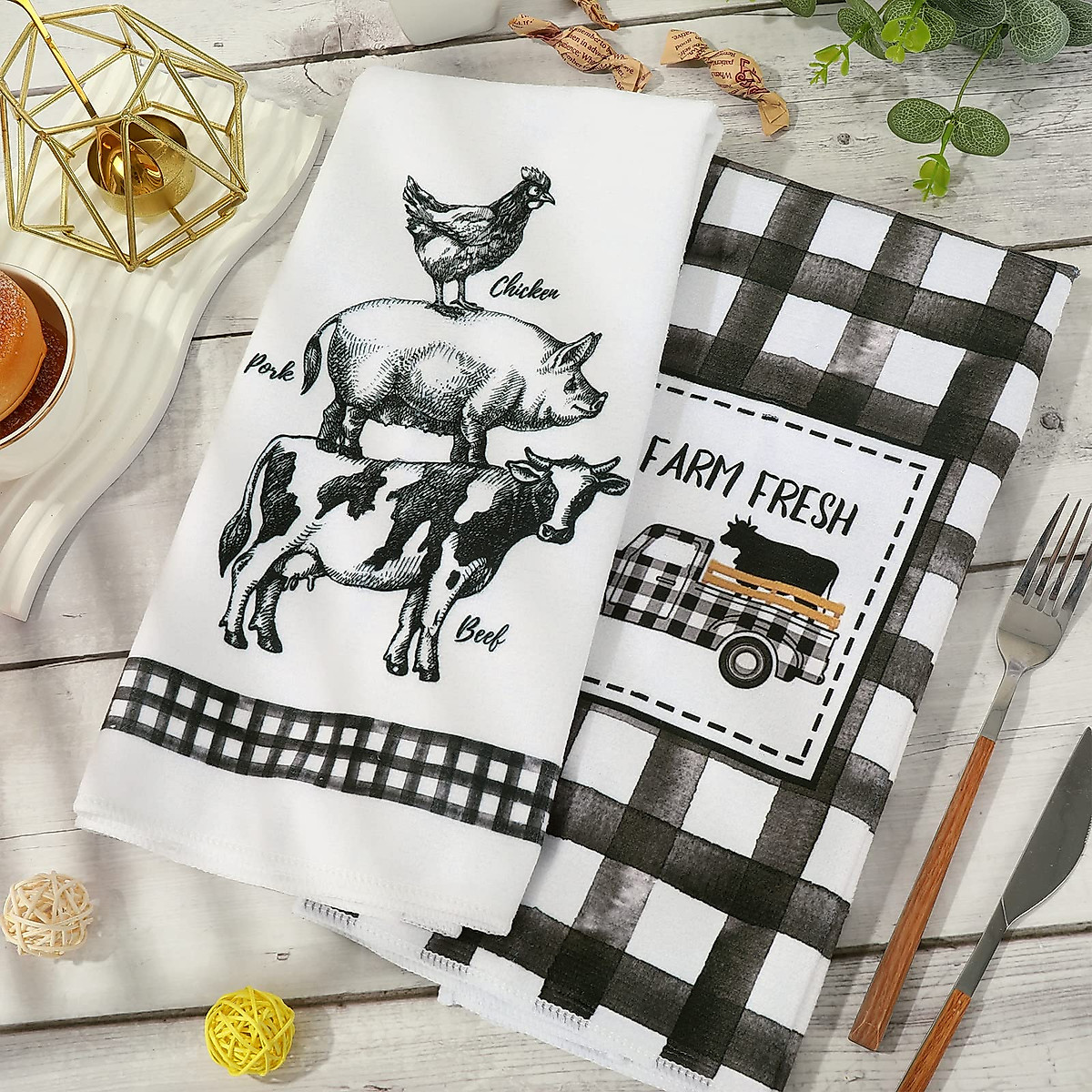AnyDesign Farm Animal Kitchen Towel Farmhouse Buffalo Plaids Dish Towel 18 x 28 Inch Rustic Rooster Cow Pig Truck Dish Cloths Towel for Bathroom Kitchen Home Cooking Cleaning Wipes, 2Pcs