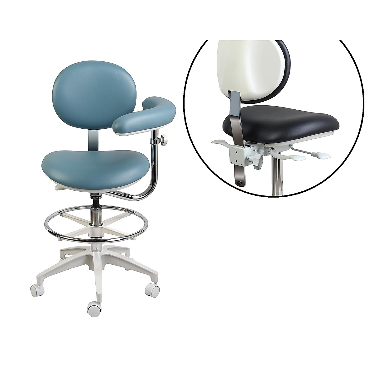 AmeriCan Goods Doctor Classical Assistant Stool Rolling Dental Stool with Procedure Arm and Foot Ring Adjustable Heigh, Sit & Backrest with Wheels (Black)