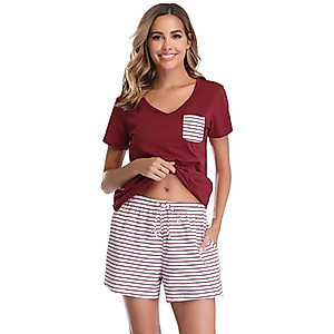 Vlazom Womens Pajama Set Cotton Short Pj Set Summer Stripe Lounge Set for Sleeping Yoga Gym Running Dark Red