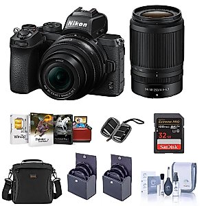 Z50 DX-Format Mirrorless Camera with NIKKOR Z DX 16-50mm f/3.5-6.3 VR & Z DX 50-250mm f/4.5-6.3 VR Lenses - Bundle with Camera Case, 32GB SDHC U3 Card, 62 / 46mm Filter Kits, PC Software, More