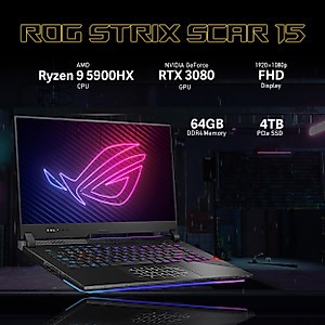 Asus 2023 ROG Strix Scar 15 15.6inches IPS Type FHD Gaming Laptop, AMD Ryzen 9 5900HX, 64GB RAM, 4TB PCIe SSD, Backlit Keyboard, GeForce RTX 3080, WiFi 6, Win 11 Pro, Gray, 32GB SnowBell USB Card