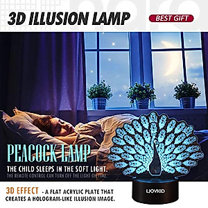 LJOYKID 3D Led Night Light Lamps - Optical Illusion 7 Colors Touch Table Desk Visual Lamp with Remote Control for Gifts for Children Kids (Peacock)