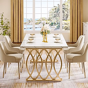 LITTLE TREE Modern Dining Table for 4-6 People, 63" Large Rectangular Kitchen Table with Faux Marble Tabletop and Geometric Legs, Unique Dinner Table Kitchen & Dining Room Furniture
