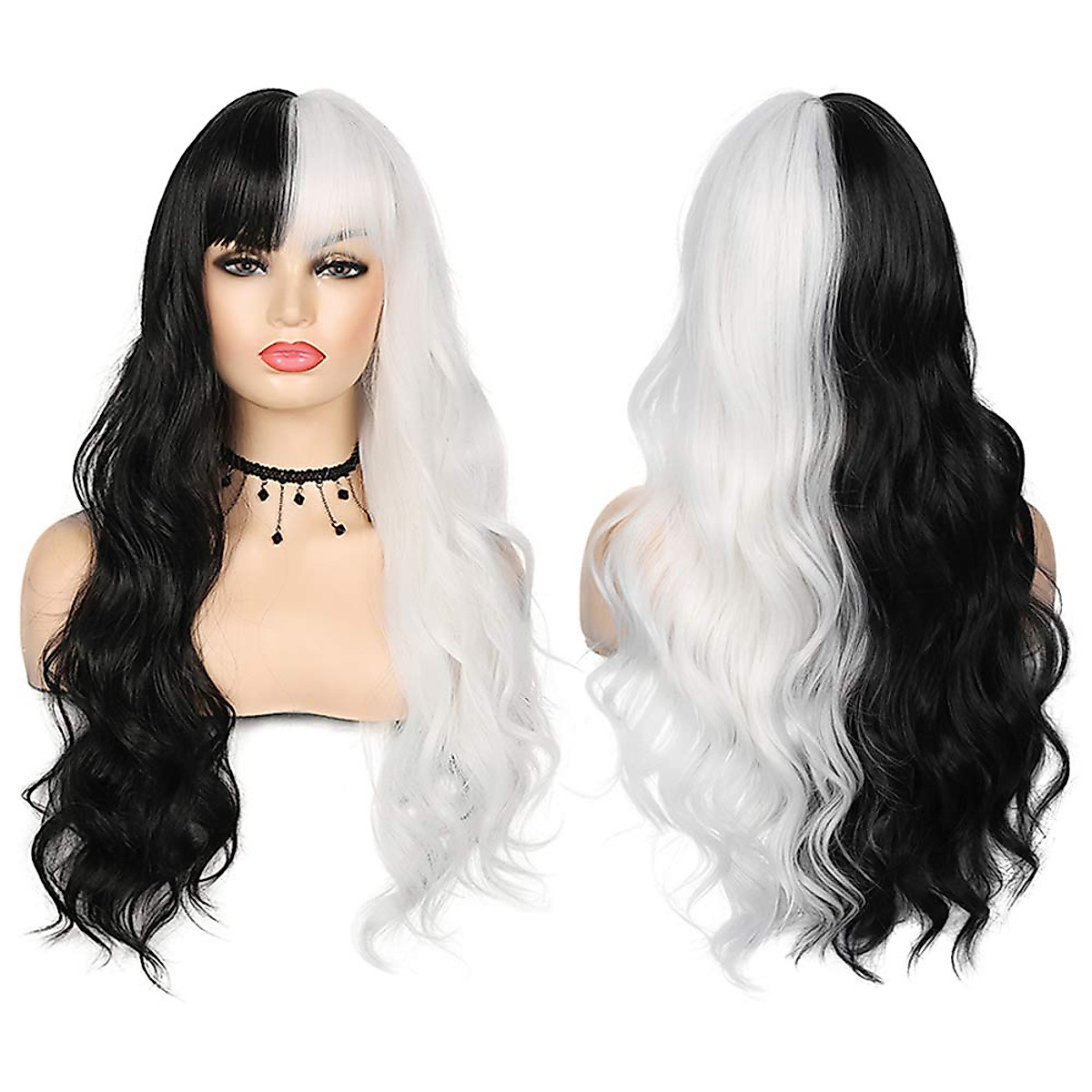 Sallcks Black White Wig Long Curly Wavy Split 2 Tone Wigs With Bangs Synthetic Cosplay Costume Halloween Wigs for Women