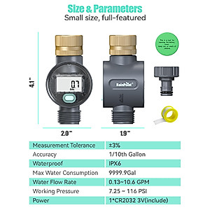 RAINPOINT Water Flow Meter with Brass Inlet, Water Meter for Garden Hose Watering, Lawn Sprinkler, RV Water Tank Filling, Track Water Usage & Flow Rate, IPX6 Waterproof, ±3% Accuracy, Gallon/Liter
