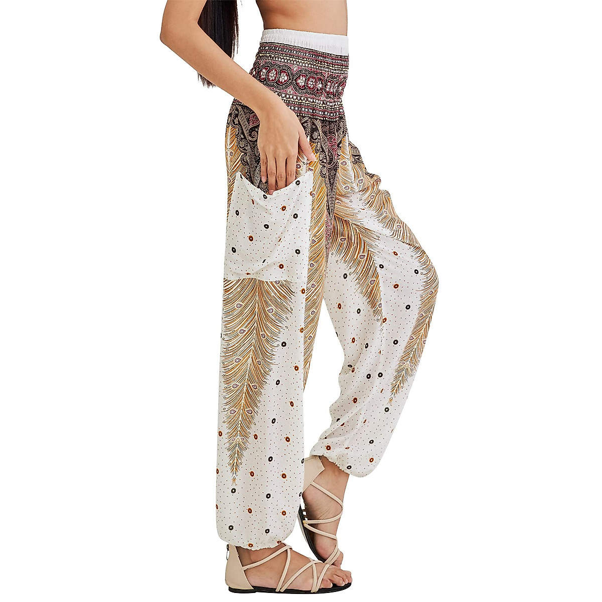 Joob Joob Boho Pants for Women - Hippie Harem Pants Women - Womens Yoga Pants – Comfy Bohemian Flowy Hippie Clothes - Medium White