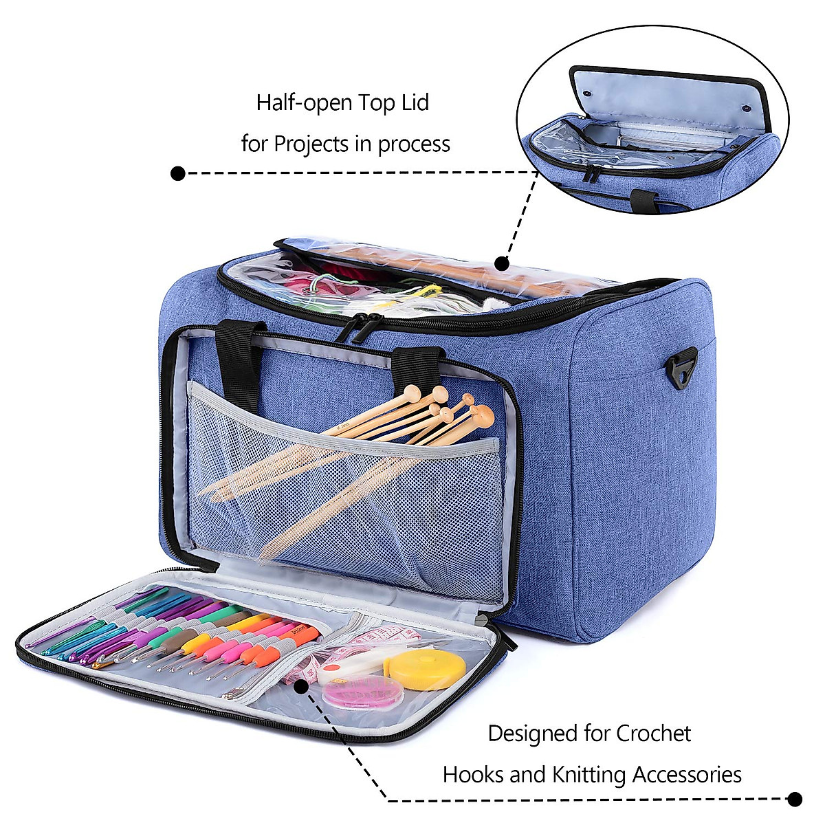 Teamoy Knitting Bag with Inner Detachable Divider, Yarn Storage Crochet Bag for Unfinished Projects, Crochet Hooks and Other Accessories, Dark Blue
