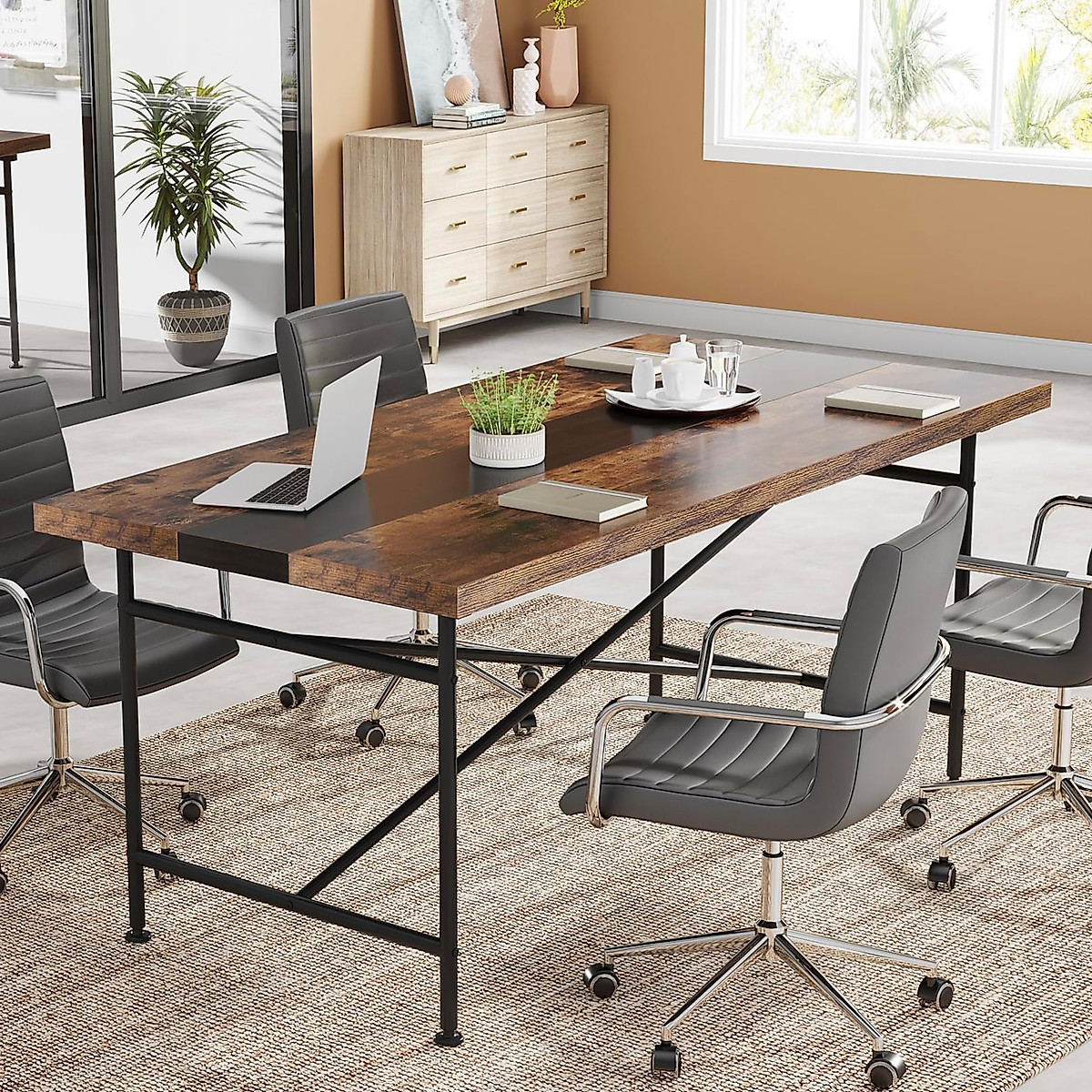 Tribesigns 63 Inch Conference Table, 6 Person Rectangular Conference Table, Meeting Table Seminar Boardroom Table with Strong Metal Frame for Office Conference Room (Rustic Brown & Black)