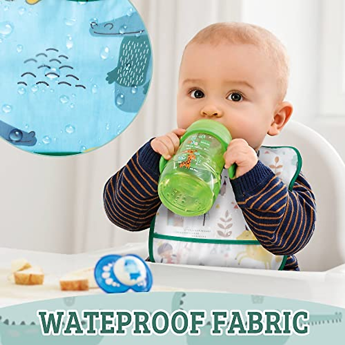 Zainpe 5Pcs Snap Baby Bibs Fox Bear Waterproof Stain Resistant Feeding Bib with Food Catcher Pocket Washable Adjustable Starter Bib Unisex Animals Burp Cloths for Infants Newborns Toddlers 6-24 Months