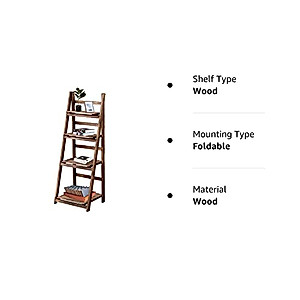 ECOMEX 4 Tier Ladder Shelf, Wooden Ladder Shelf 4 Tier Bookshelf Rustic Foldable Ladder Shelf Storage Rack for Home Bedroom Office, Brown