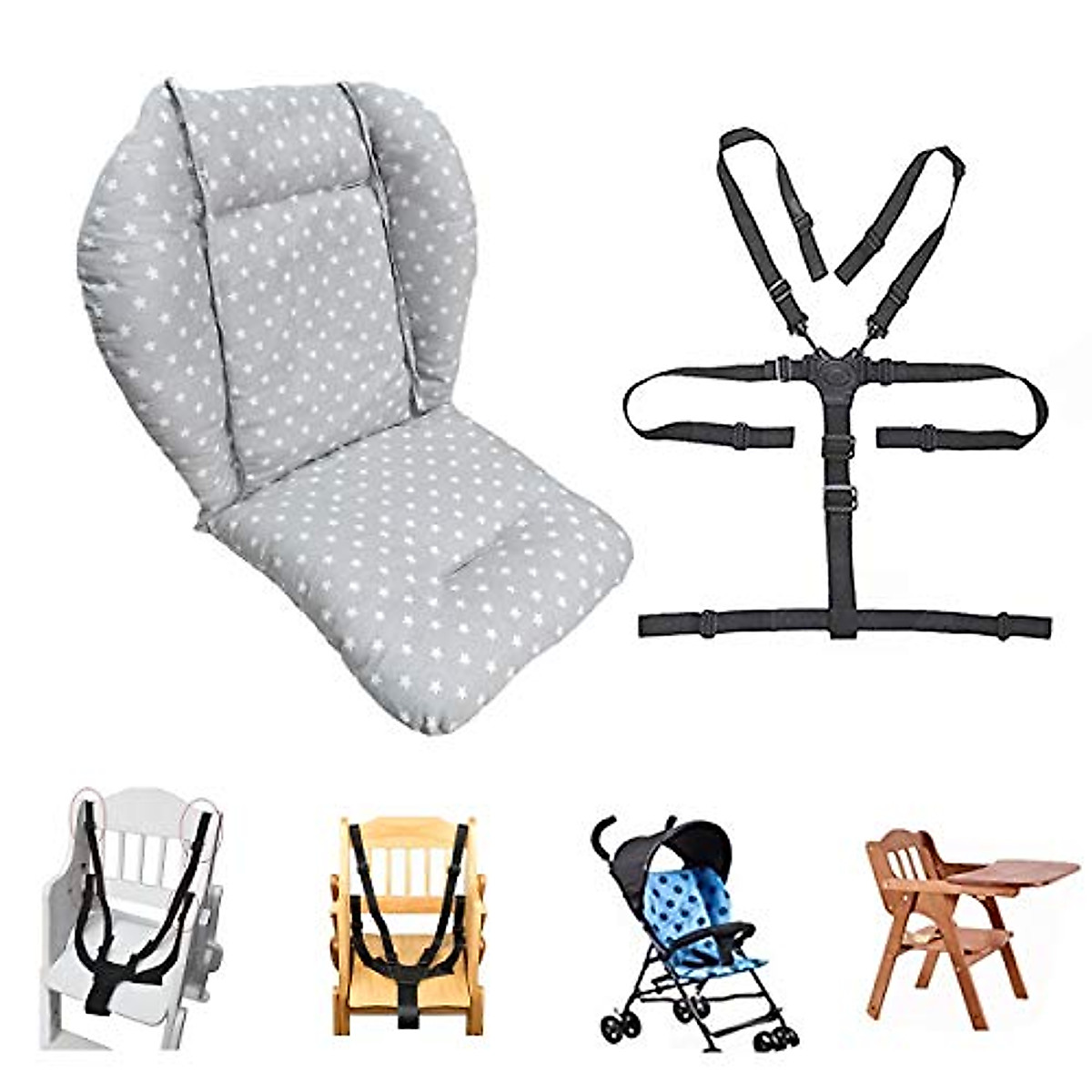 High Chair Pad, Grey Background Little Stars Pattern High Chair Cushion/seat Cushion/breathable Pad with Baby High Chair Seat Belt, Soft and Comfortable, Make The Baby More Comfortable (2 Pieces)