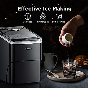 Silonn Ice Maker Countertop - 9 Cubes Ready in 6 Mins, Self-Cleaning Ice Machine with Ice Scoop and Basket, 2 Sizes of Bullet Ice