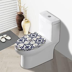 Elongated Toilet Seat Spanish tile pattern seamless blue white ornament Portuguese mexican Resin Toilet Seat Quietly Slow Close with Quick-Release Hinges Toilet Seat with Cover Easy to Clean Install