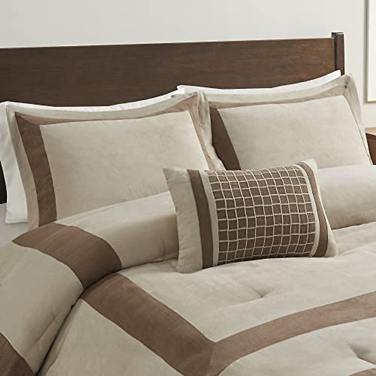 Madison Park Darcey Cozy Comforter Set, Faux Suede, Deluxe Hotel Styling All Season Down Alternative Bedding Matching Shams, Decorative Pillow, Full/Queen(90 in x 90 in), Border Taupe 4 Piece