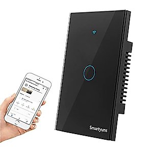 Smartyuns Smart Light Switch Black, WiFi Tempered Glass Panel Touch Light Switch with LED Indicator, US Standard Wall Switch Compatible, Google Assistant,"SmartLife" APP(1 Gang Light Switch)