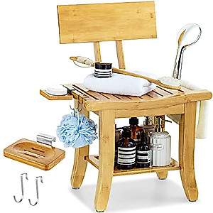 ETECHMART Bamboo Shower Bench with Back and Soap Dish, 2-Tier Shower Chair Bath Seat with Handle for Bathroom Bathtub Elderly Disabled, Waterproof Wood Spa Stool for Inside Shower Legs Shaving, Bamboo