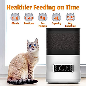 DOGNESS Automatic Cat Feeders, Dog Food Dispenser with Voice Recorder, Dual Power Supply Timed Auto Pet Feeder, Easily Programmable Timer for 1-6 Meals,1-40 Portions Daily, Clog-Free Design, 4L, White