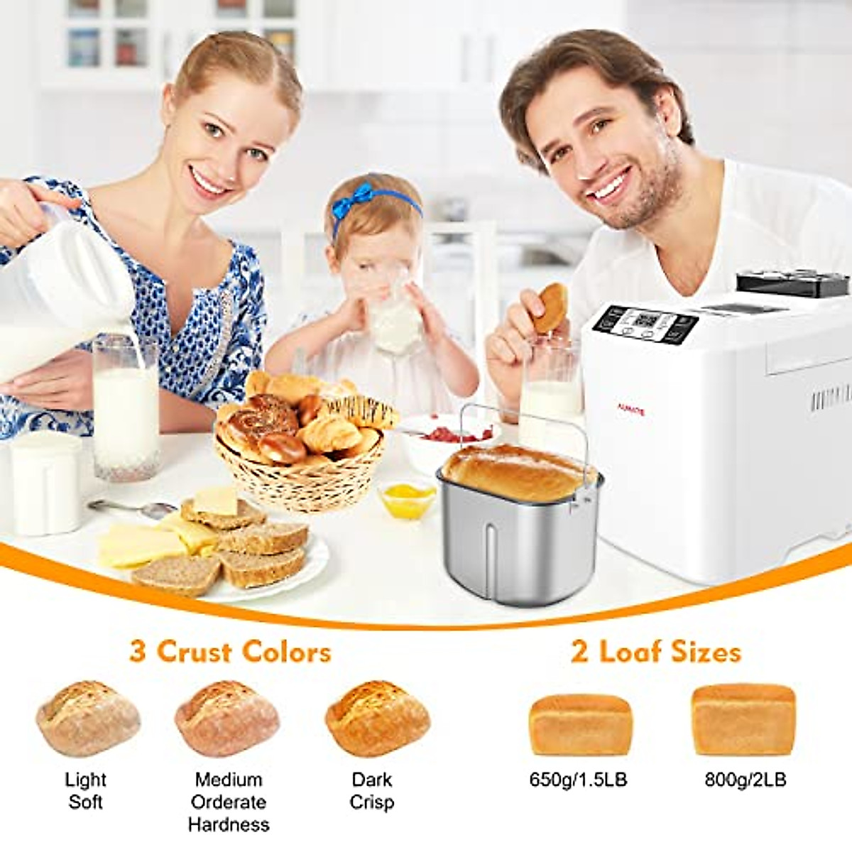 Bread Machine,AUMATE 2LB Bread Maker,with 12 Presets,Gluten-Free Setting,Auto Fruit Nut Dispenser & Nonstick Pan,2 Loaf Sizes,13H Reserve & 1H Keep Warm (Milky White)