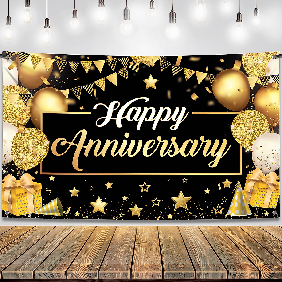 KatchOn, Happy Anniversary Banner Black and Gold - XtraLarge, 72x44 Inch | Happy Anniversary Decorations for Party, Happy Anniversary Backdrop | Happy Anniversary Sign, Wedding Anniversary Decorations