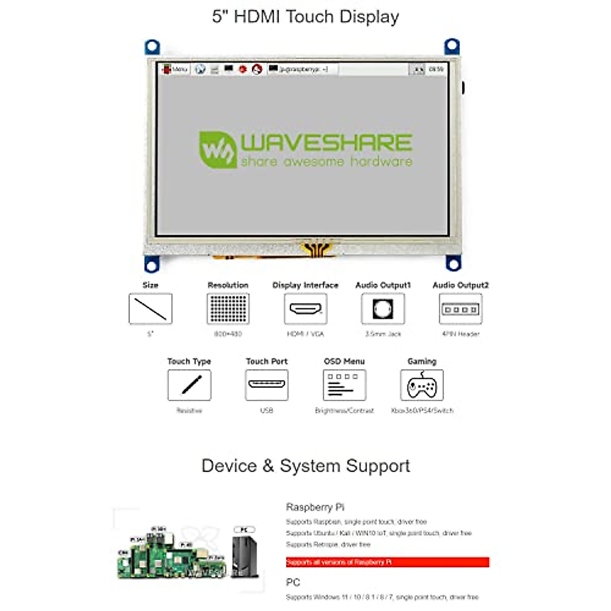 waveshare Raspberry Pi 800X480 5inch HDMI LCD G Resistive Touch Screen LCD HDMI Interface Supports Multi Mini-PCs and Multi Systems Raspberry Pi Banana Pi