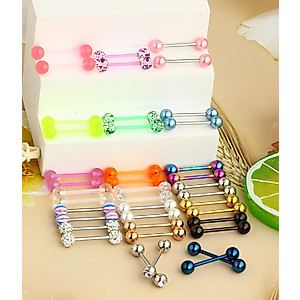Suotarn 40pcs 14G Tongue rings For Women Stainless Steel Straight Tongue Barbell UV Acrylic Plastic Tongue Piercing Jewelry Nipple Piercings 5/8" Glow in Dark Flexible Retainer Body Jewelry for Men