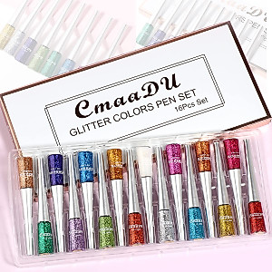 Aseawave 16 Colors Liquid Glitter Eyeliner Set, Metallic Shimmer Glitter Eyeshadow, Colorful Rainbow Eyeliner Long Lasting Waterproof Face Lips Art for Party Festival Makeup