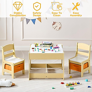DOREROOM Kids Table and 2 Chair Set, Wooden Activity Table with Storage Drawer, 2 in 1 Detachable Tabletop, Toddler Table and Chairs Set for Drawing, Reading, Crafts, Play