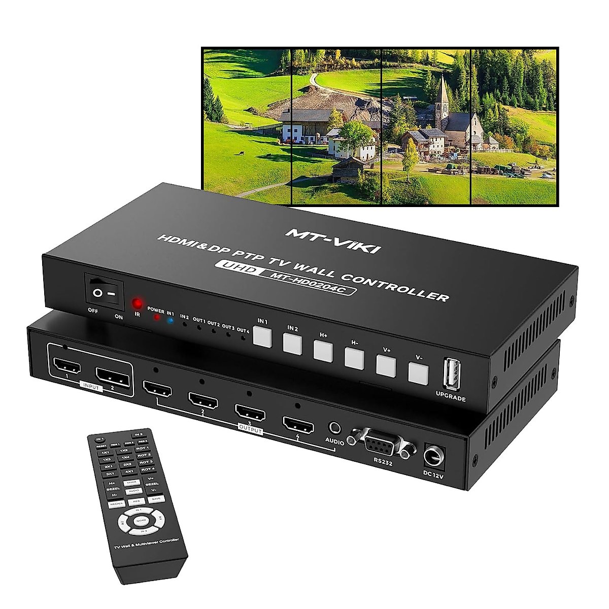 MT-VIKI 4K@60Hz HDMI+DP Video Wall Controller 2X2, Support 90°/ 180° /270° Rotate, Support Resolution UP to 4K@60Hz for 2X2 Mode, 8K@60Hz for 1X4 Mode (2 Input 4 Output)