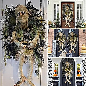 2023 New Halloween Scary Mummy Wreath for Front Door - Halloween Decor Rose,Spiders and Lanterns Sign,Black and White Front Door Wreath Porch Decor, Wall Halloween Indoor Outdoor Decoration