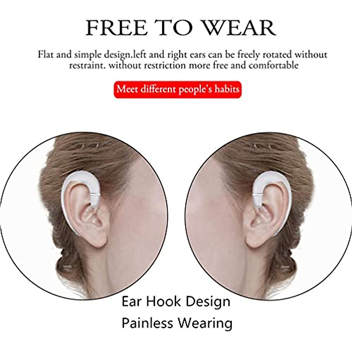 Sunffice Ear Hook BT Wireless Headphone,Non Ear Plug Headset with Microphone,Single Ear Noise Cancelling Earphones Painless Wearing for Android Smartphones,iPhone14 13 12 11 X 8(Silver)