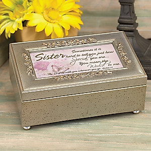 Cottage Garden Sister You Mean The World to Me Silvertone Embossed Floral Jewelry Music Box Plays Amazing Grace