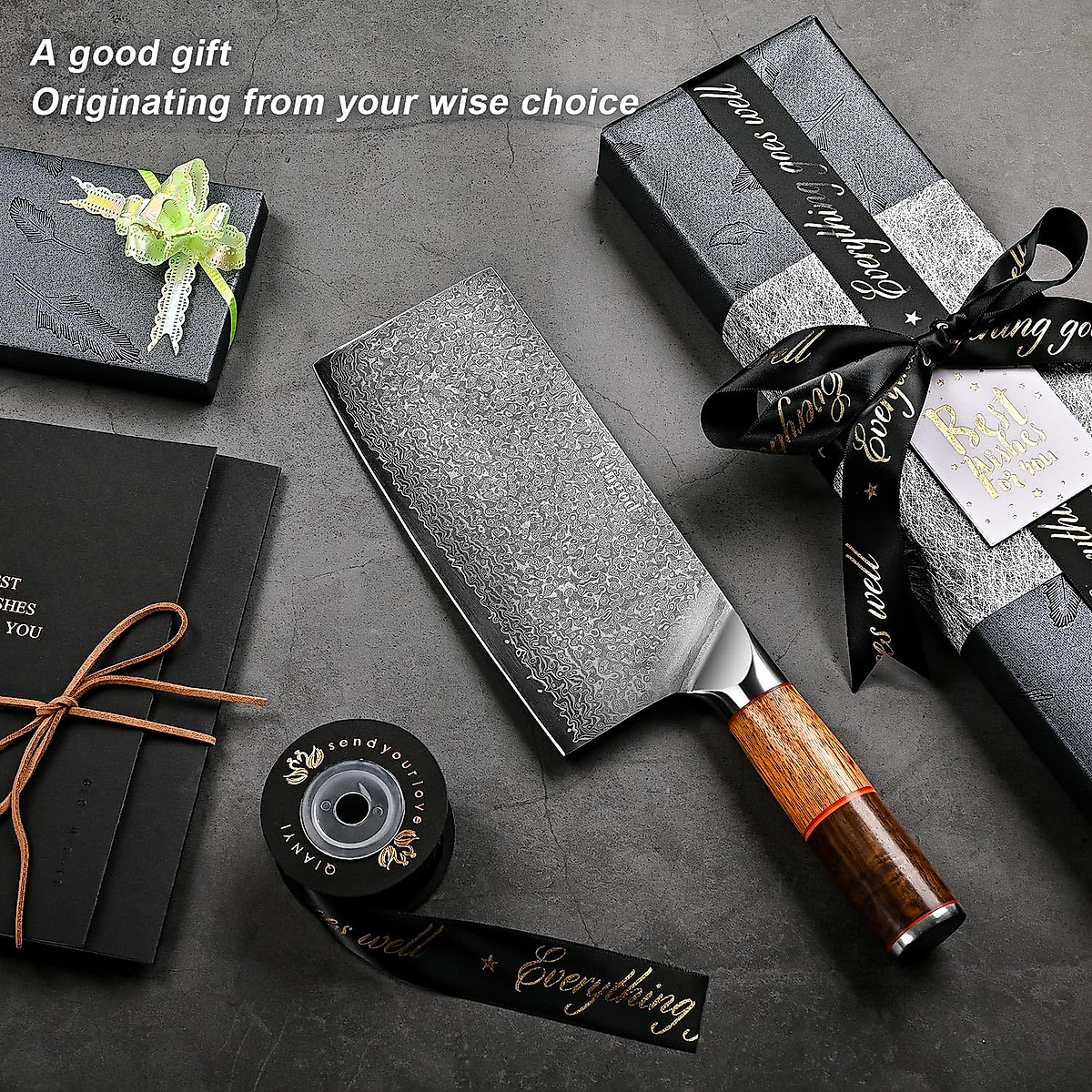 KINGOD 7-Inch Meat Cleaver, Razor-Sharp VG10 Steel Knife for Meat & Vegetables, Multipurpose Kitchen Knife with Rosewood Handle, Gift Box & Sheath