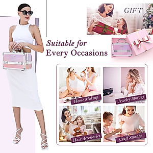 FRENESSA Makeup Train Case Cosmetic Case Organizer Portable Makeup Box 2 Trays with Lockable Mirror Makeup Storage Organizer for Girls Makeup Artist Makeup Tools Travel Makeup Case Glitter Pink