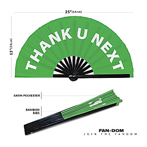 Thank U Next hand fan foldable bamboo circuit hand fan funny gag slang words expressions statement gifts Festival accessories Rave handheld Circuit event fan Clack fans (Green)