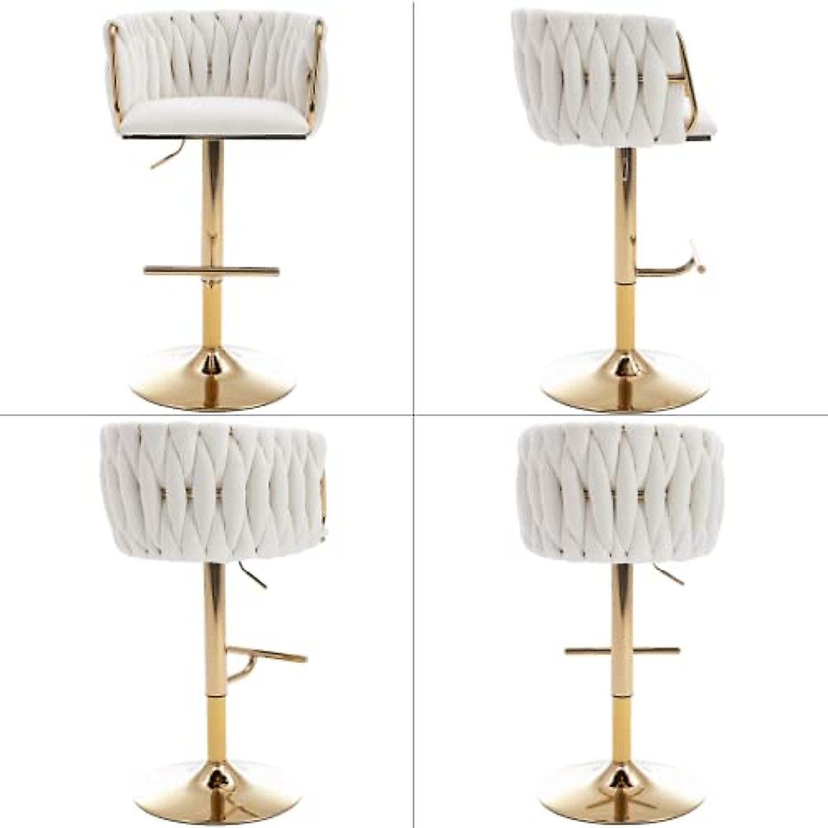 LukeAlon Velvet Swivel Bar Stools, Modern Height Adjustable Counter Height Bar Chair with Golden Base Weaved Backrest Barstool with Footrest for Home Bar Kitchen, White