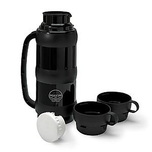 Mayim King Stainless-Steel Vacuum-Insulated Thermos Beverage Bottle with 2 Cups, 34 Ounces, Black, H14039WB