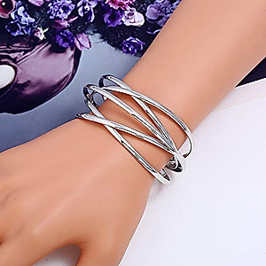 Caiyao Personalized Hollow Retro Open Cuff Bracelet for Women Multi-layer Cross Wire Bangle Bracelet Open Adjustable Wide Cuff Bracelet for Men Fashion Jewelry-B silver