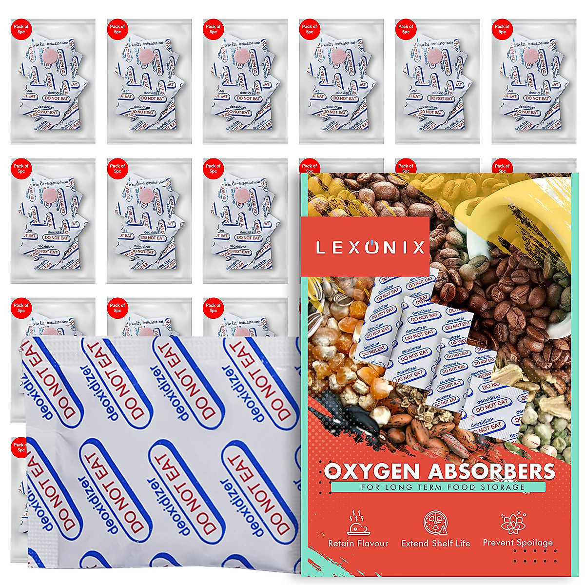 500cc (100 PCS – 5 Pcs Packs * 20 sets ) Food Grade Oxygen Absorbers for Food Storage use for Vacuum Seal or Mylar Bag Food Storage Keep Food Fresh Anti Oxygen Absorbing Packets (500cc)